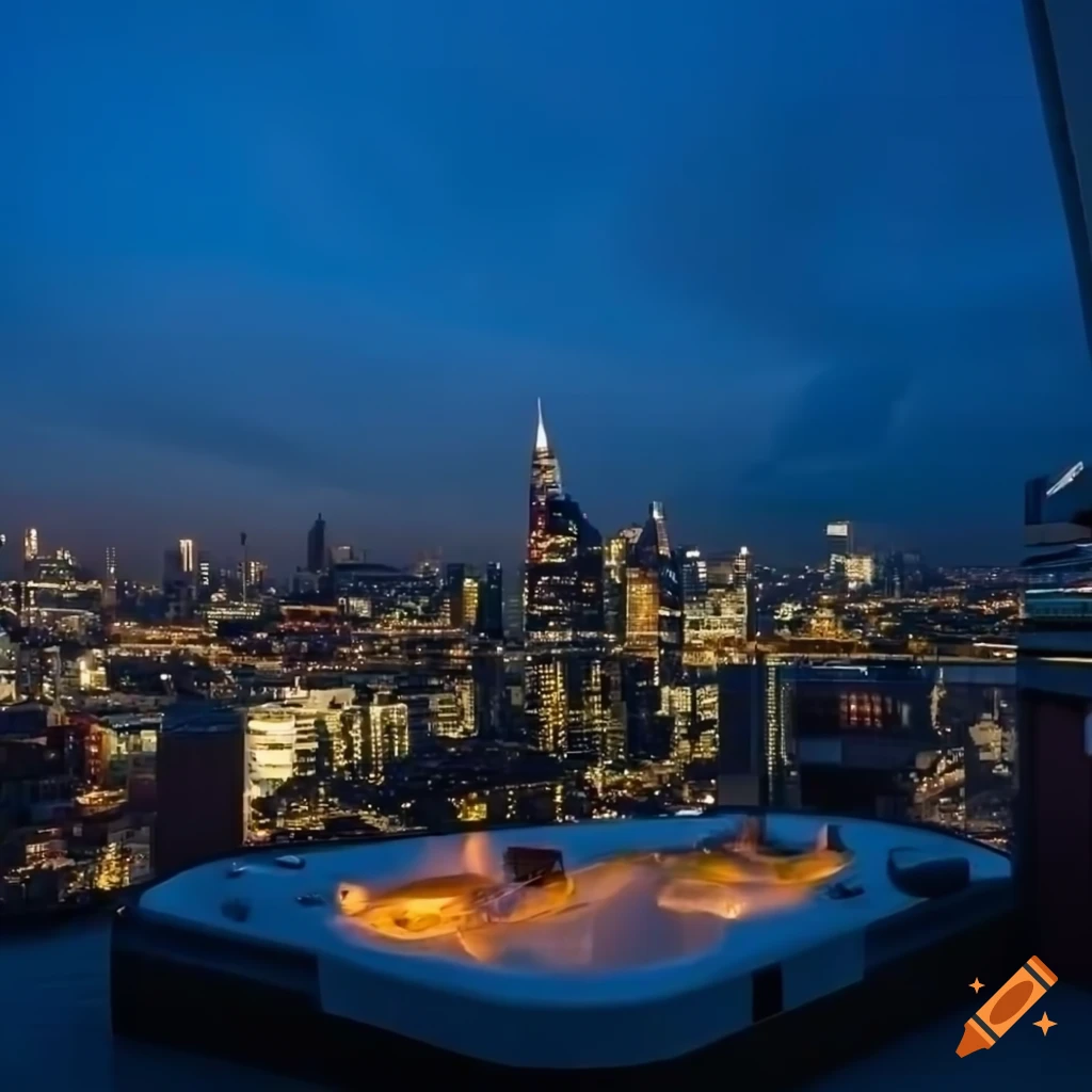 View from a balcony with a jacuzzi overlooking a park and frankfurt skyline on Craiyon