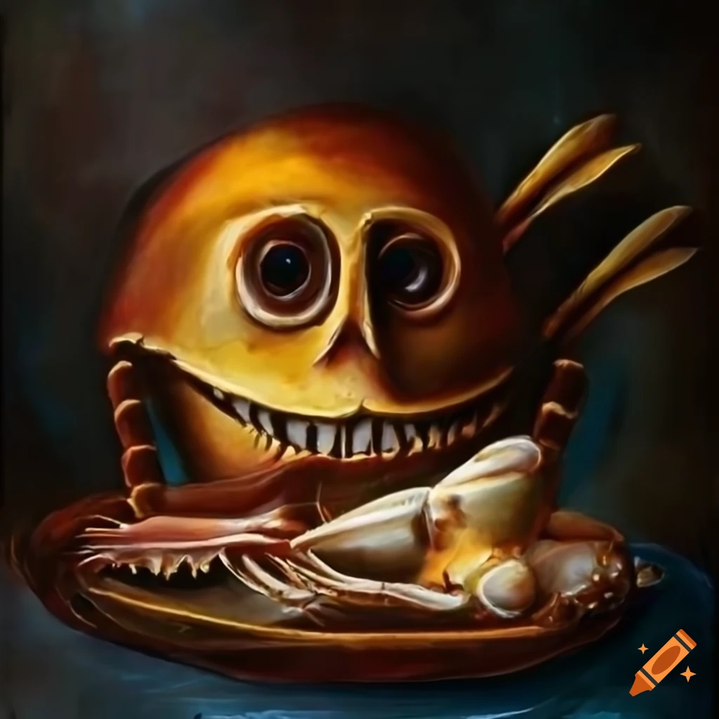 Surrealist still life painting of a dead fish on Craiyon