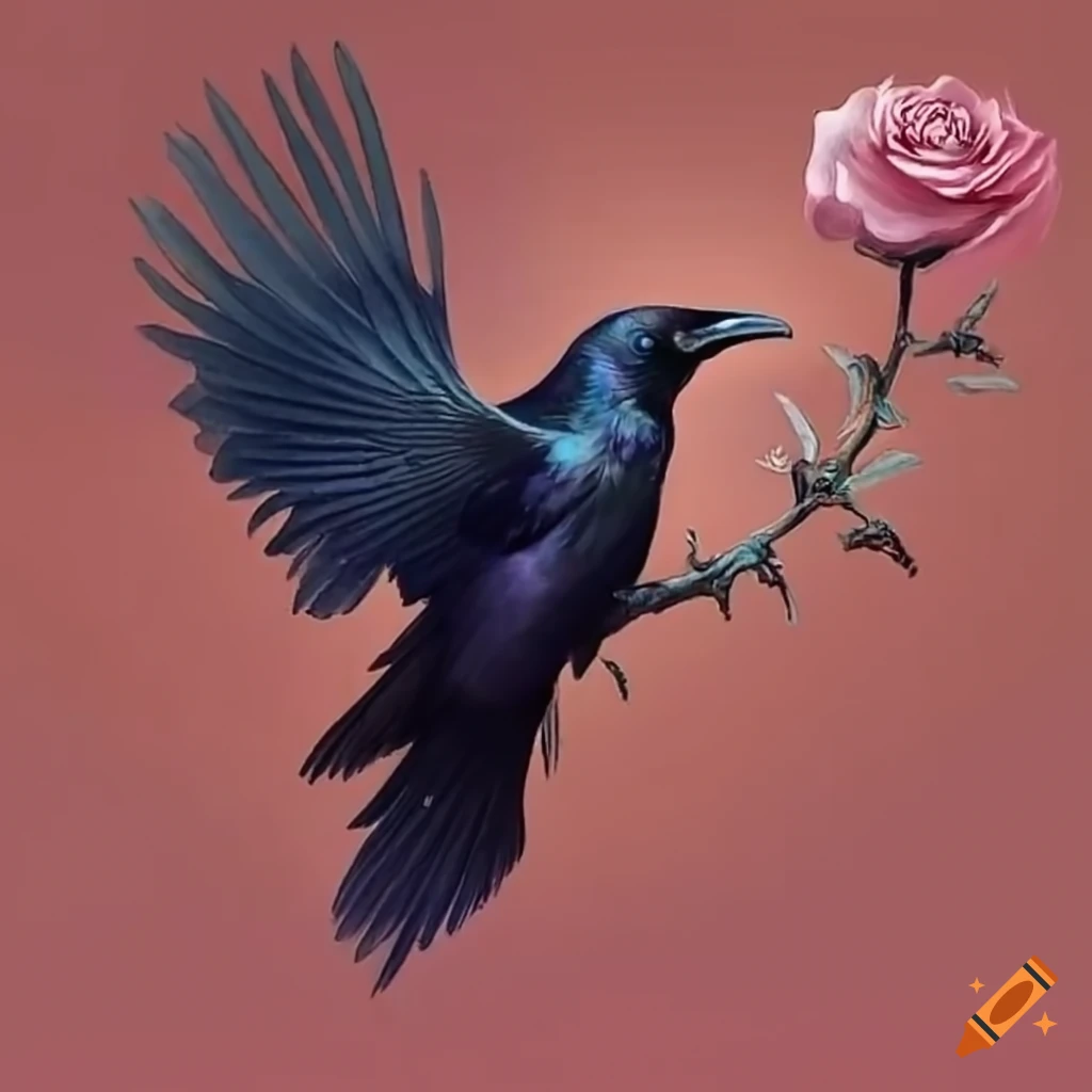Image of a raven carrying wilting roses
