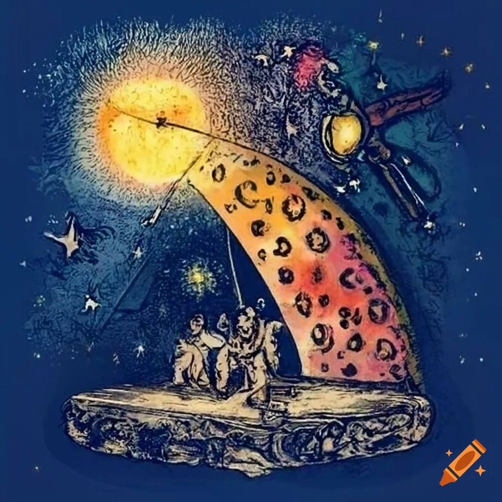 Flammarion engraving style artwork of a flying machine with a Sun on Craiyon