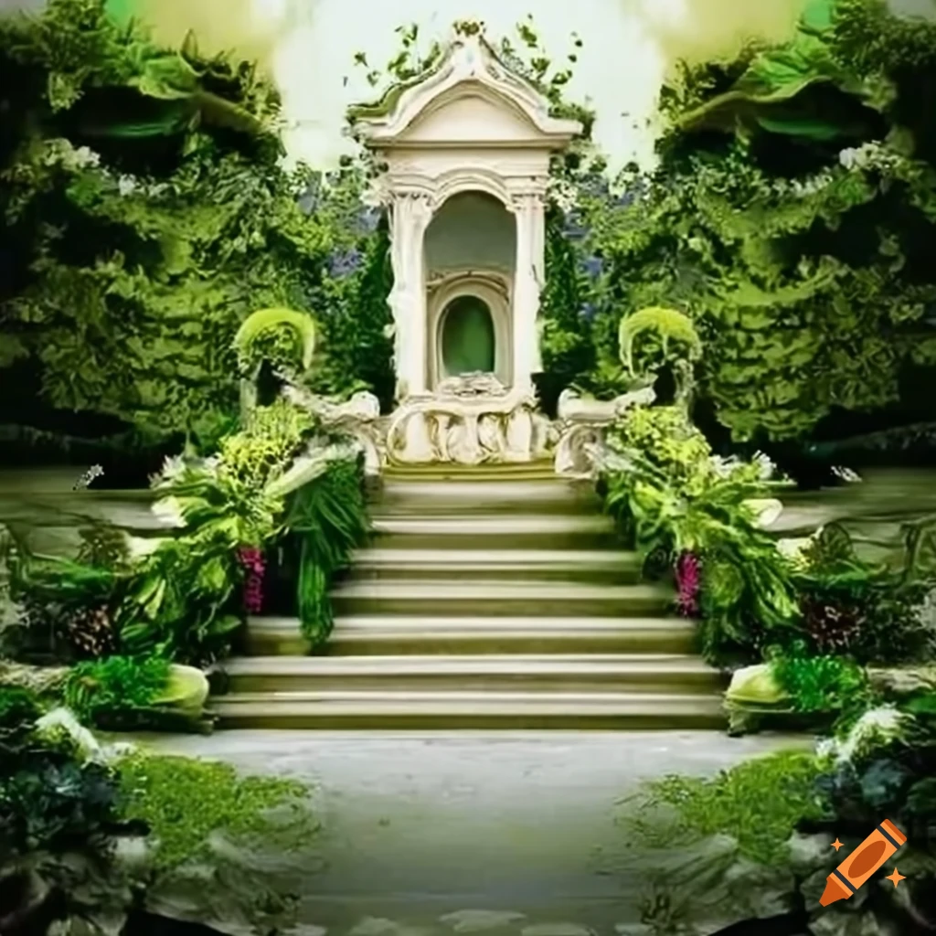 Rococo garden with white house and beautiful flowers on Craiyon