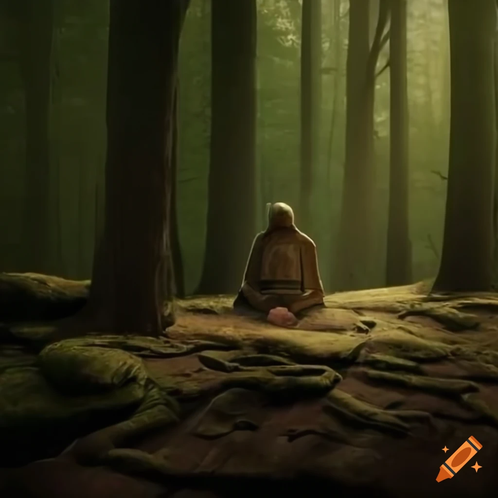 Monochrome wide shot of a Jedi meditating in a forest on Craiyon