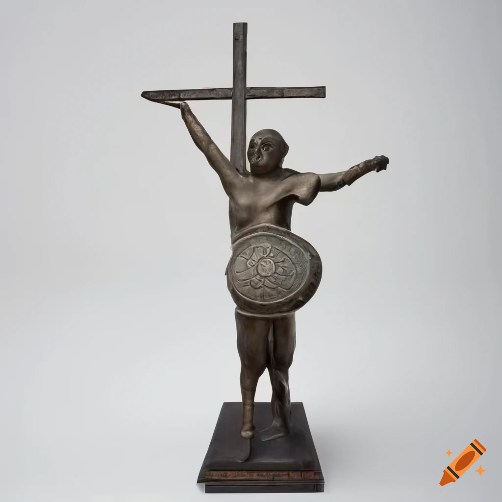 Titanium statue of hispanic motherland holding a shield and a cross on ...