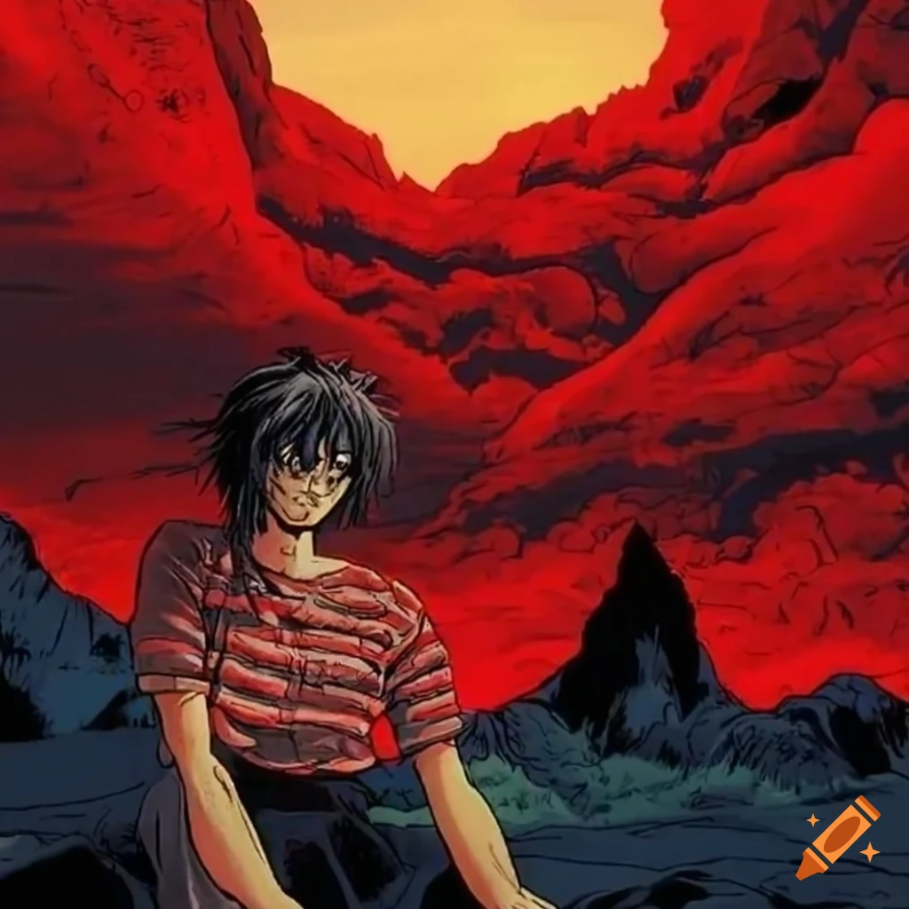 Gritty manga cover with red mountains and stormy sky on Craiyon