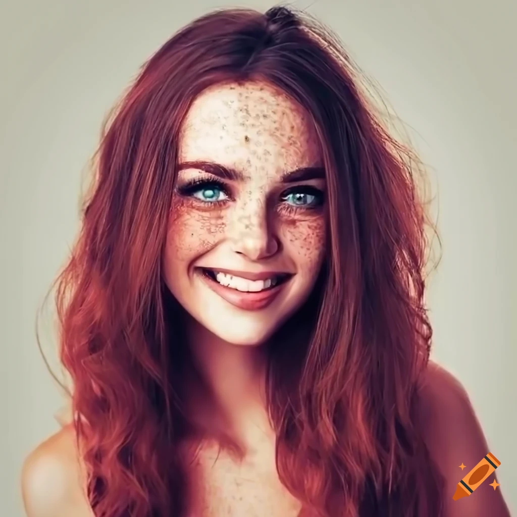 Portrait of a young woman with a beautiful smile and freckles