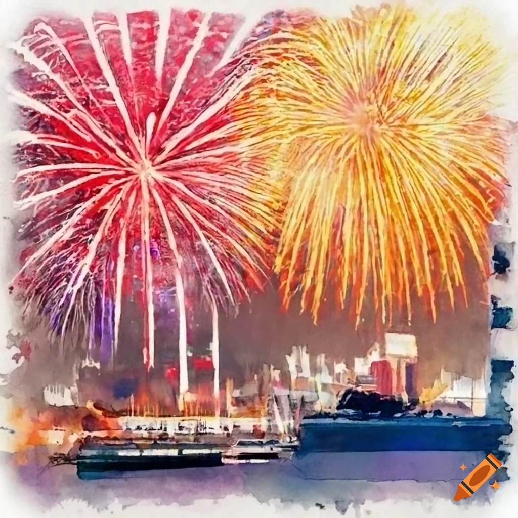 Watercolor illustration of fireworks festival at duisburg port on Craiyon