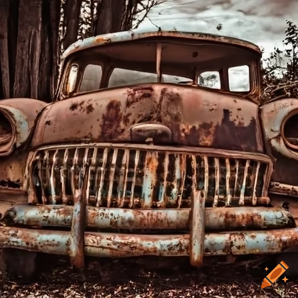 Junkyard filled with rusted and wrecked vehicles on Craiyon