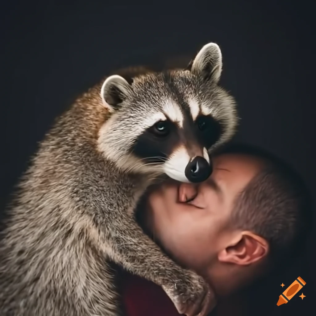 Man affectionately kissing a raccoon