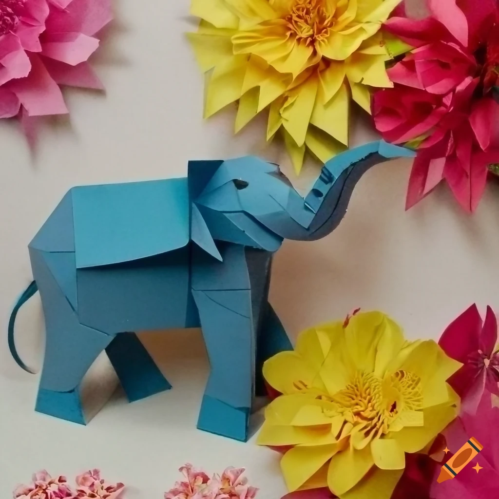 Paper elephant surrounded by paper flowers on Craiyon