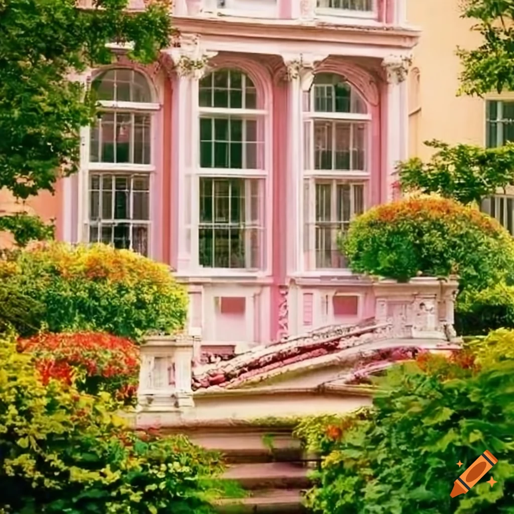 Pink and white rococo garden with stairs