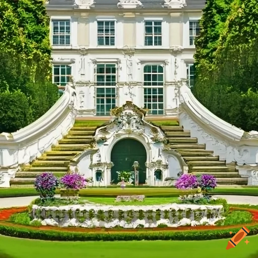 White rococo garden with flowerbeds and stairs on Craiyon