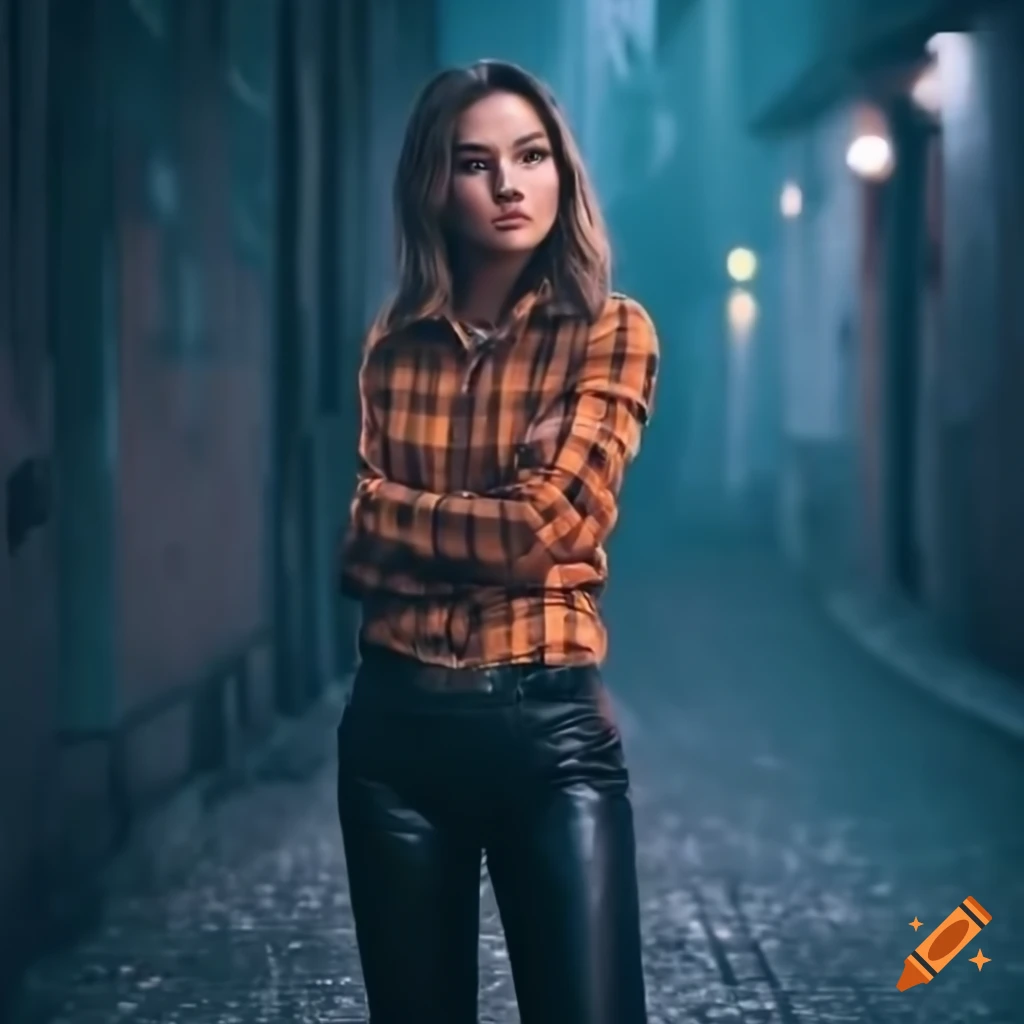 Hyperrealistic Photograph Of Actress Addison Timlin In Orange Plaid