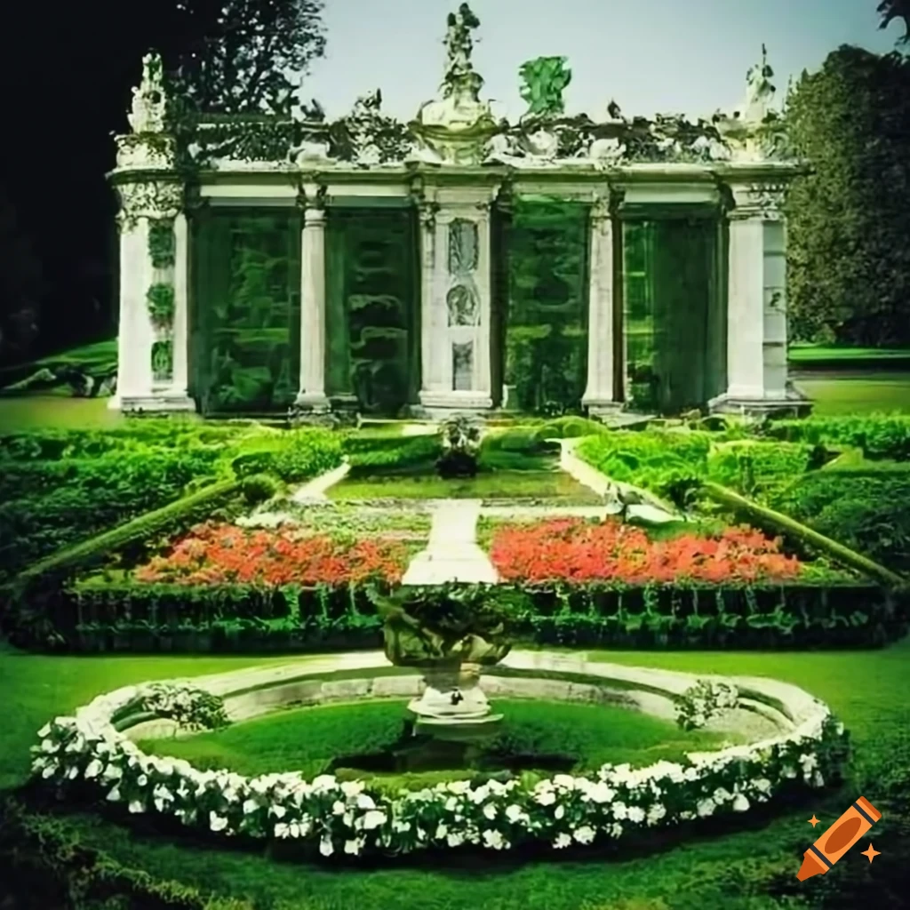 White rococo garden with flowerbeds and stairs in dresden on Craiyon