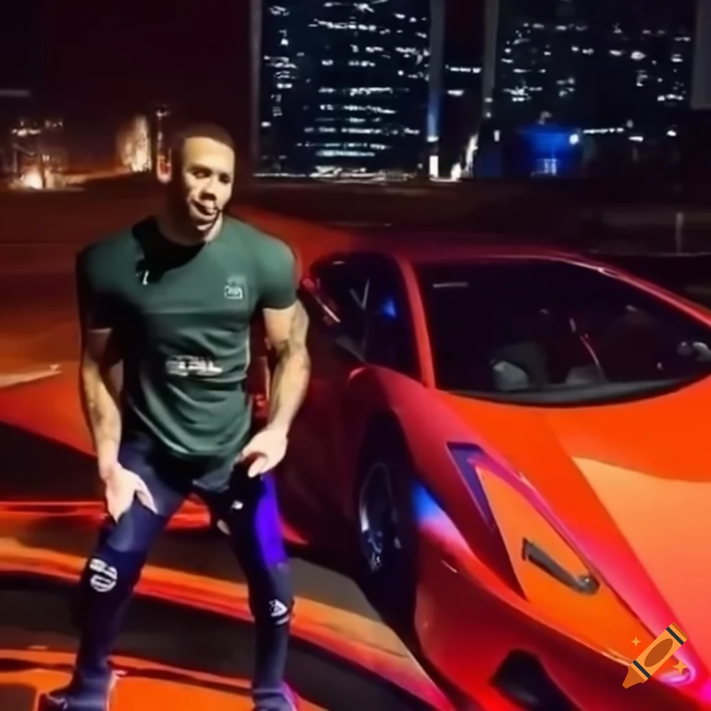 Andrew tate dancing next to his luxury supercar on Craiyon