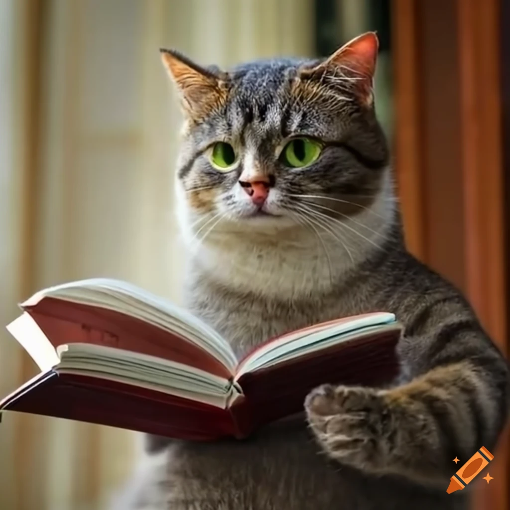 Cat reading a book on Craiyon