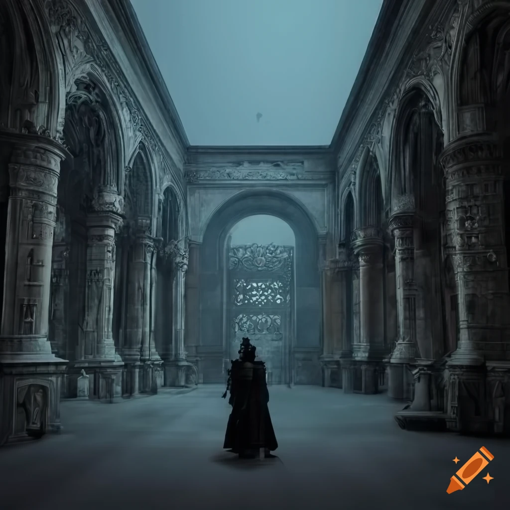 Image of a mysterious knight exploring a massive ancient palace on Craiyon