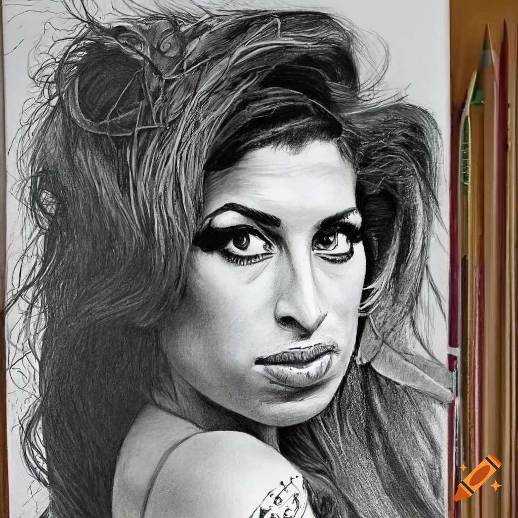 Monochrome pencil drawing of amy winehouse