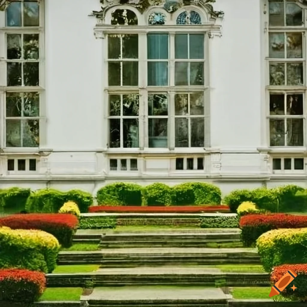 White rococo garden with stairs and flowerbeds on Craiyon