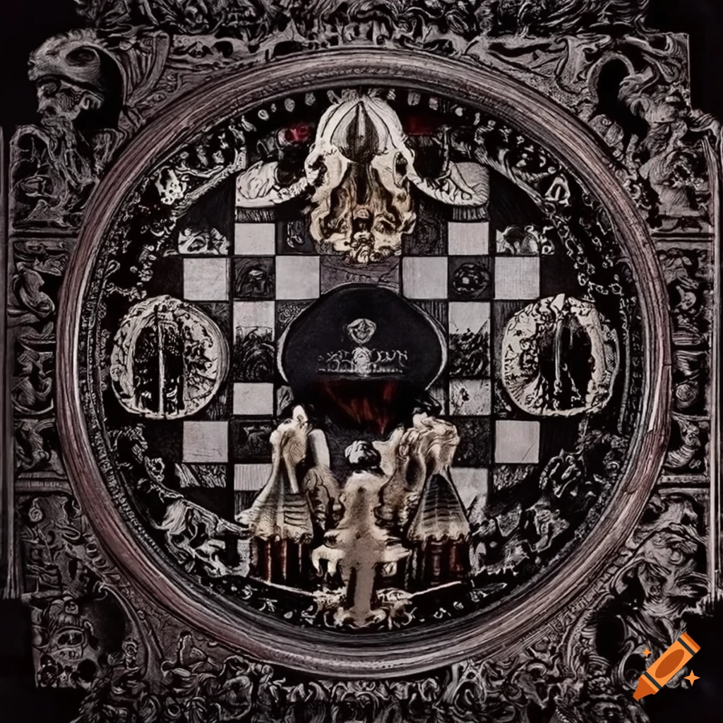 Metal album cover with devil chess and math formulas