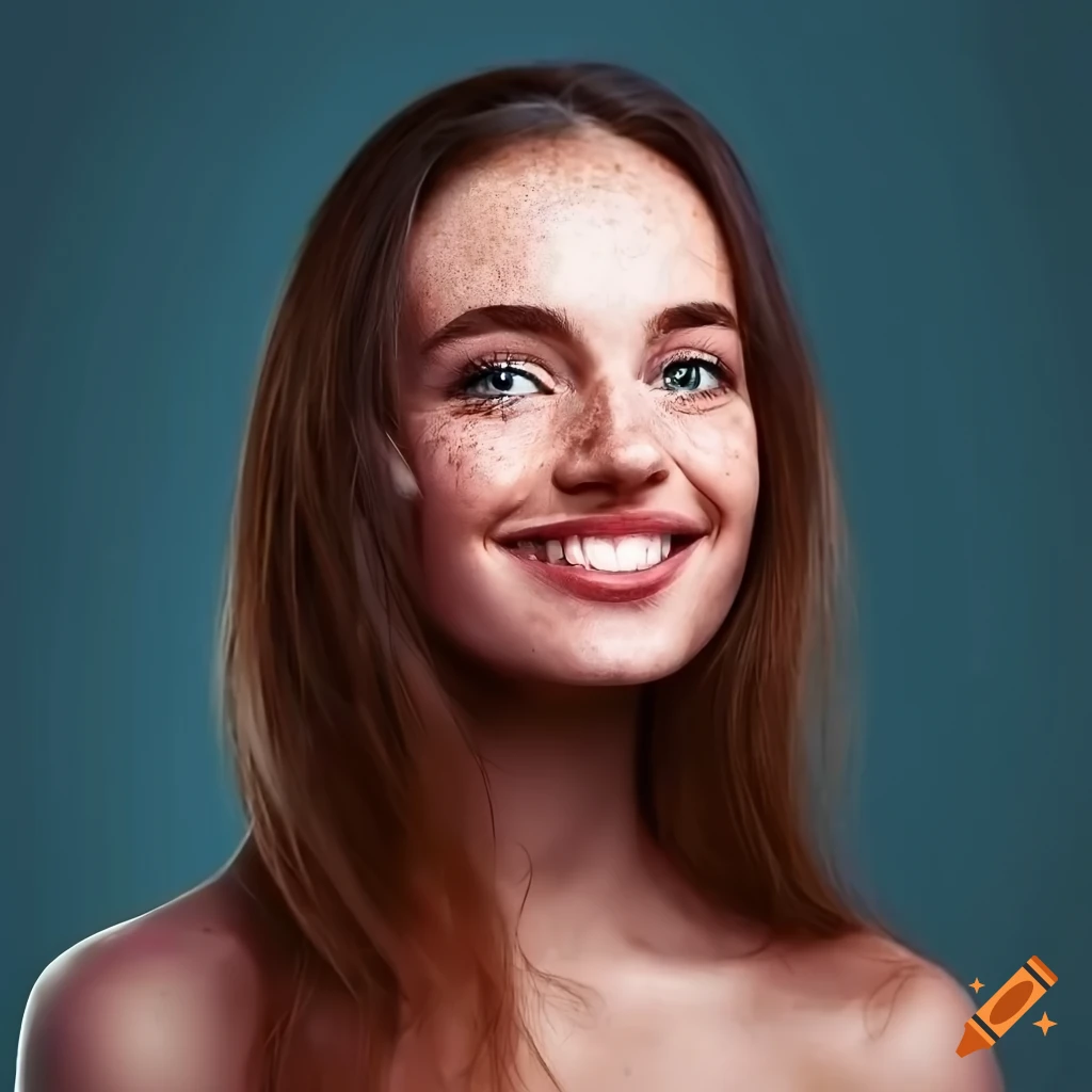 Portrait of a beautiful young woman with a bright smile and freckles