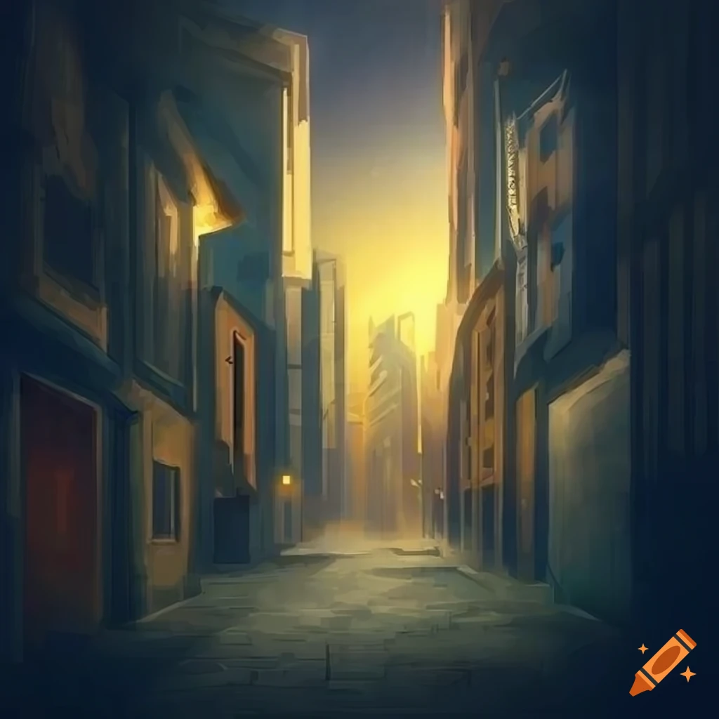 Concept art of a fantasy city street with short buildings