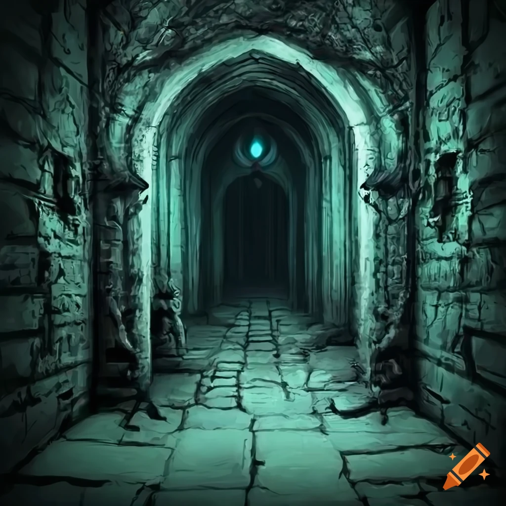Digital art of a torchlit dungeon hallway