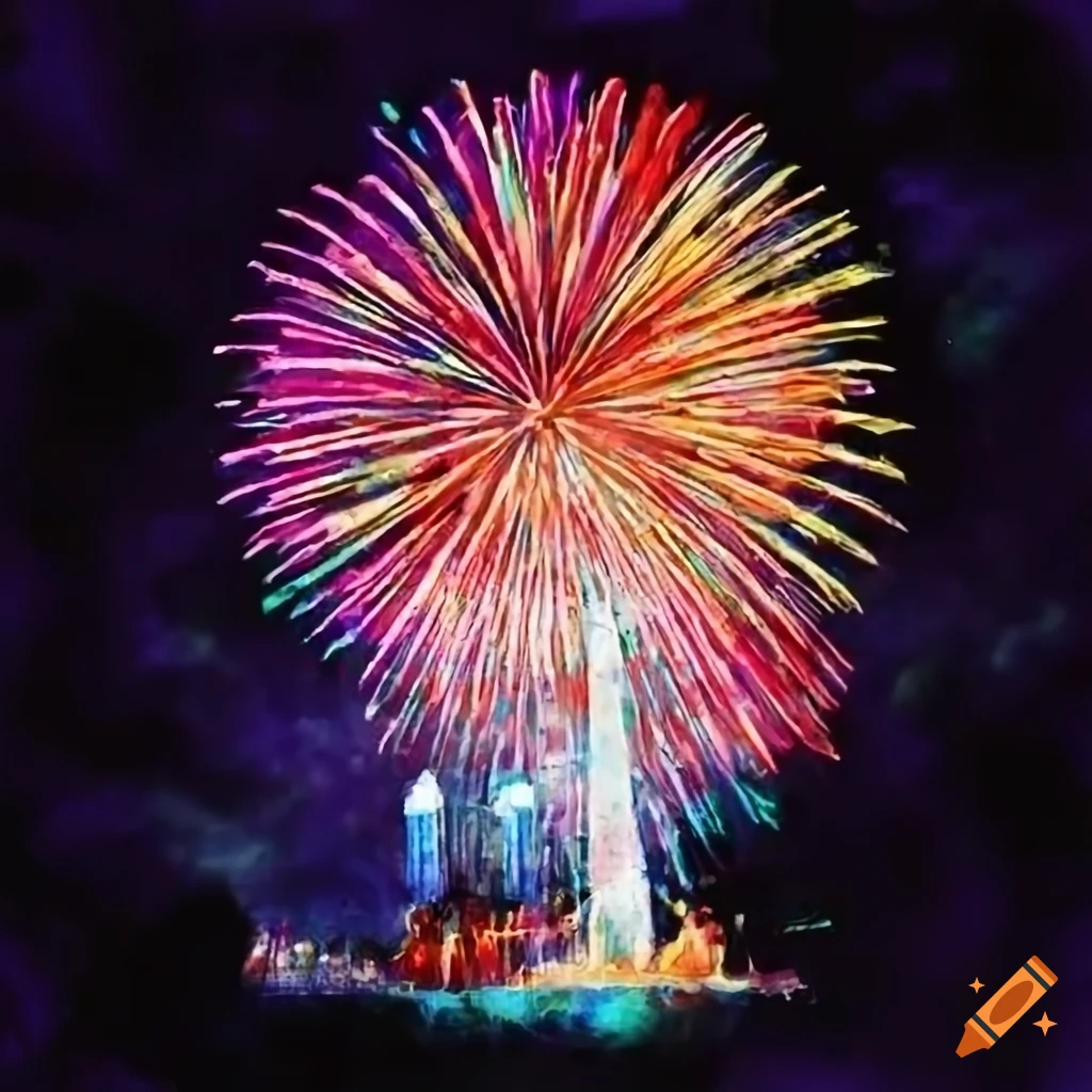 Watercolor illustration of a fireworks festival at yokohama port on Craiyon