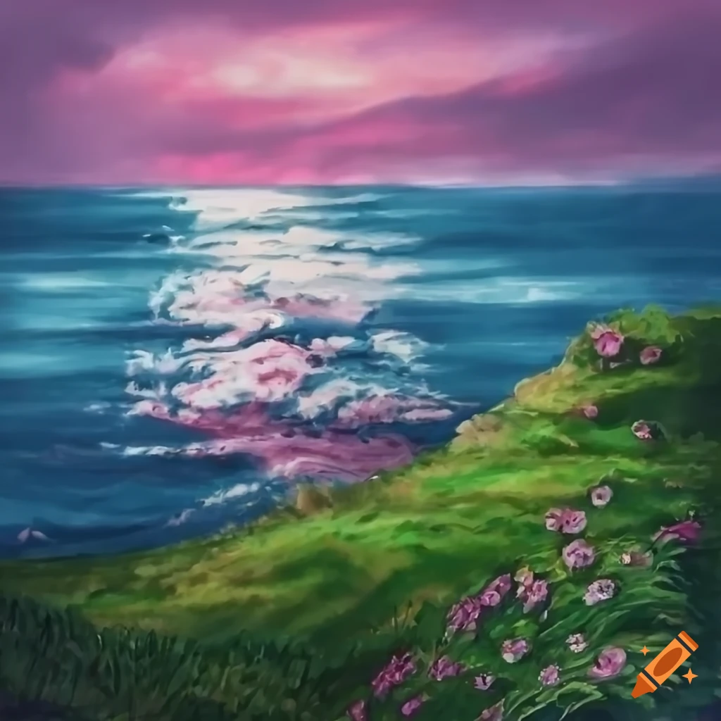 Pink rose bush on cliff overlooking stormy sea