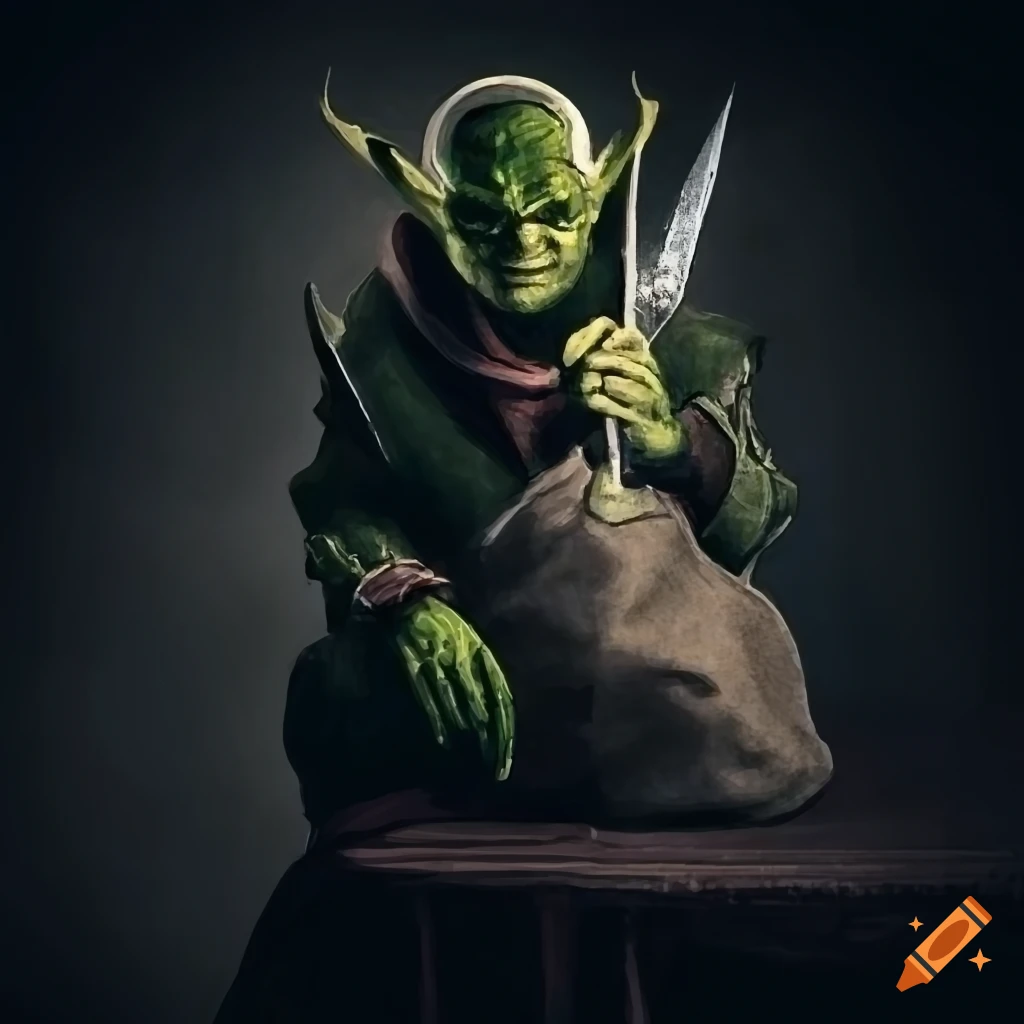 Dark artwork of a goblin with a dagger and a bag of loot on Craiyon
