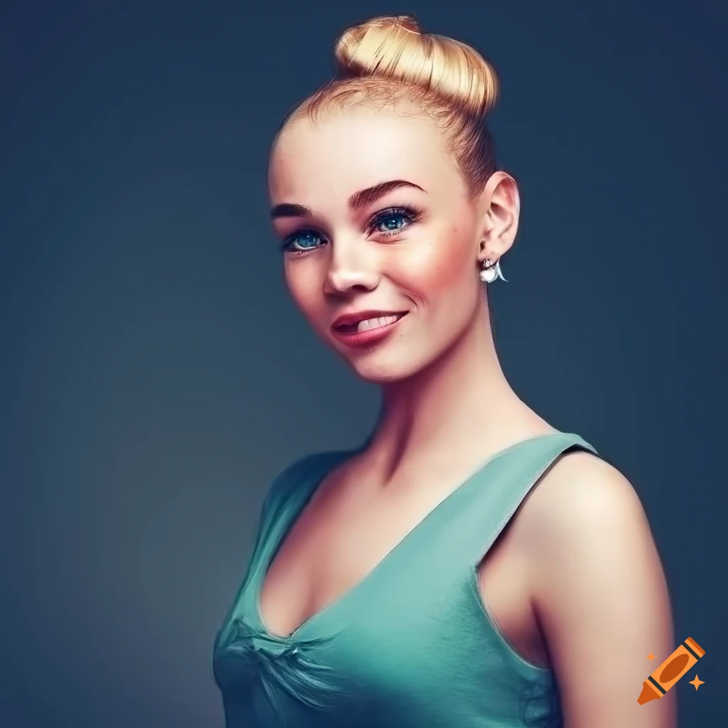 A blonde female with her hair in a bun, dressed professionally on Craiyon