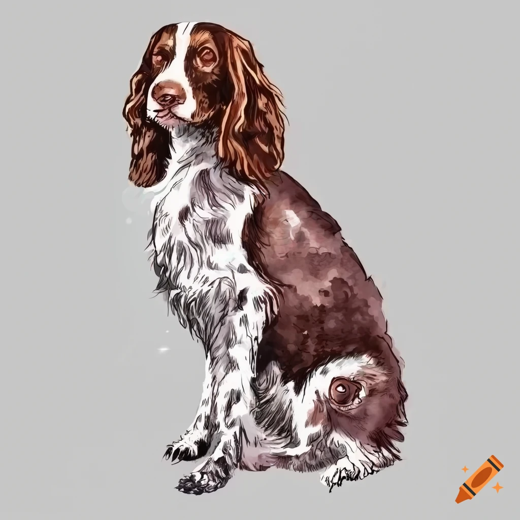 Black and white pencil drawing of a sitting brittany spaniel on Craiyon