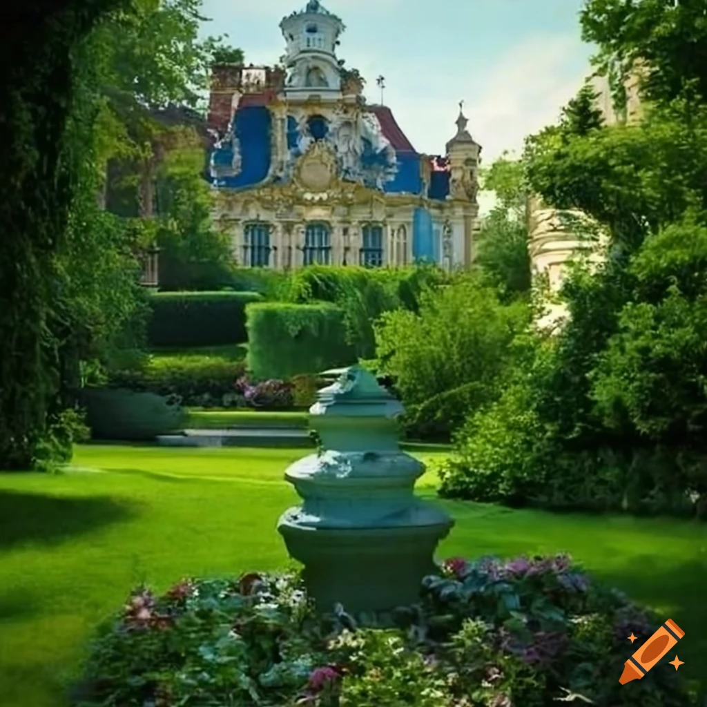 Photo of a rococo garden with stairs and flowerbeds