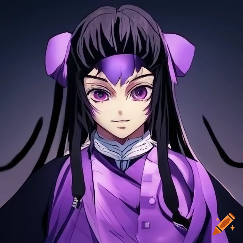 Depiction of a human girl with black hair and purple iris in demon ...
