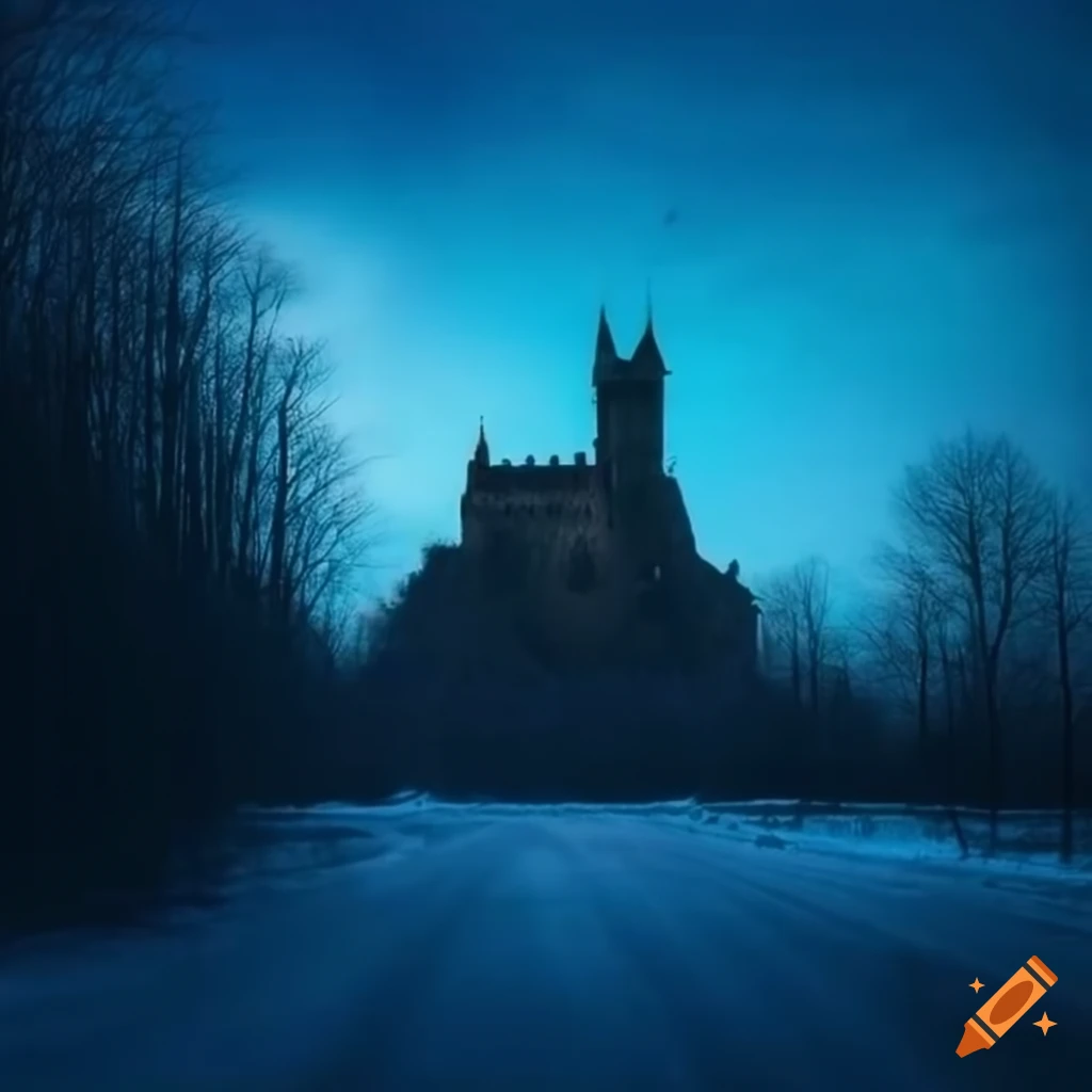 A black castle standing in the distance on a winter road