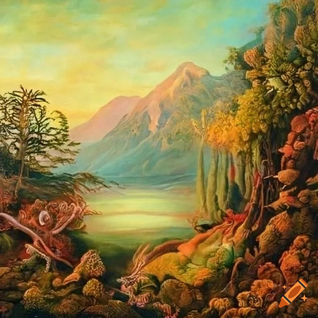 Oil painting of vibrant imaginary landscapes