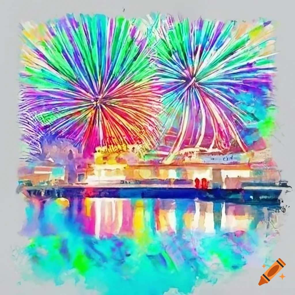 Watercolor illustration of fireworks at Yokohama Port on Craiyon