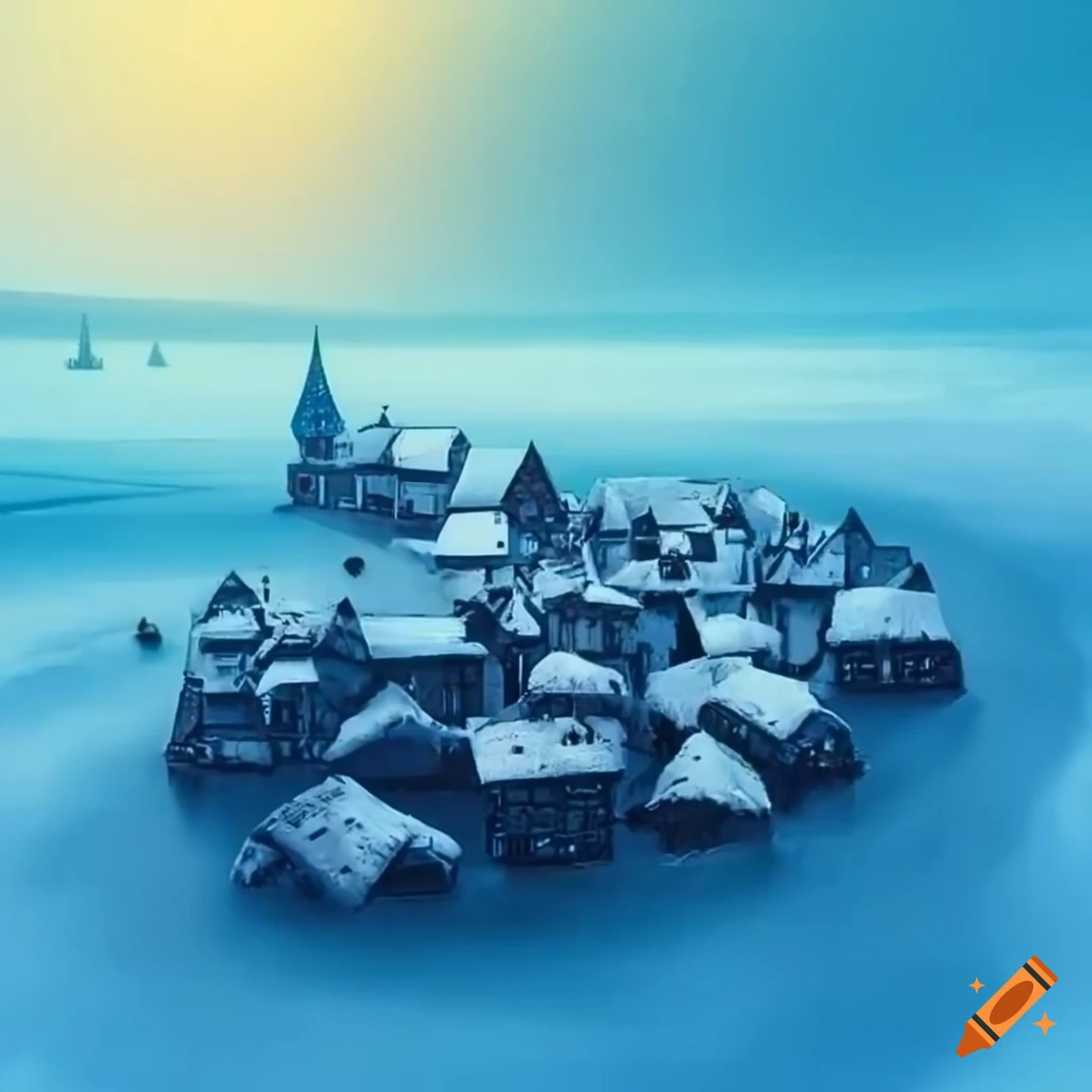 Frozen medieval village near a lake on Craiyon