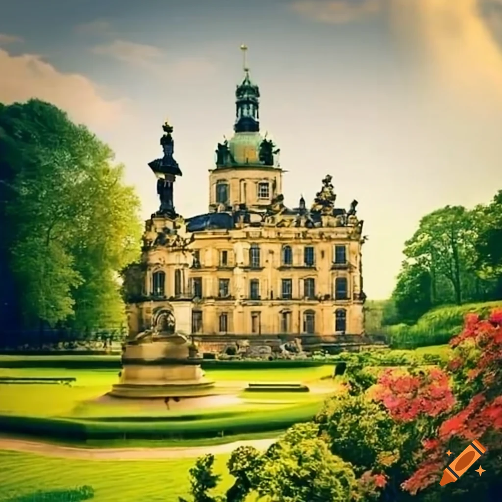 Beautiful garden with palace buildings on Craiyon