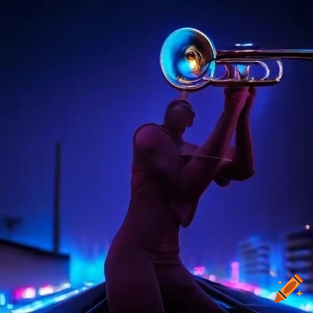 Art of a demon playing trumpet on train tracks at night