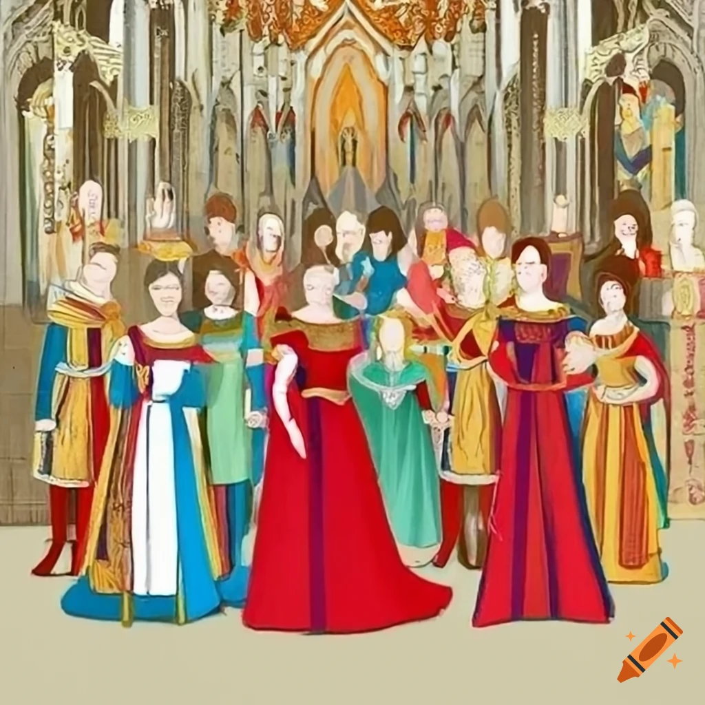 Medieval princes and princesses in gold and red attire on Craiyon