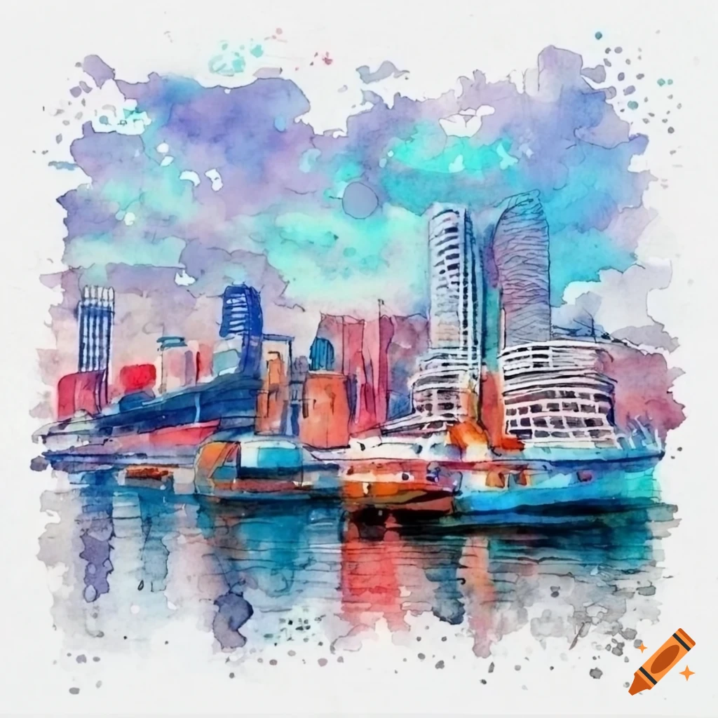 Yokohama port watercolor illustration on Craiyon