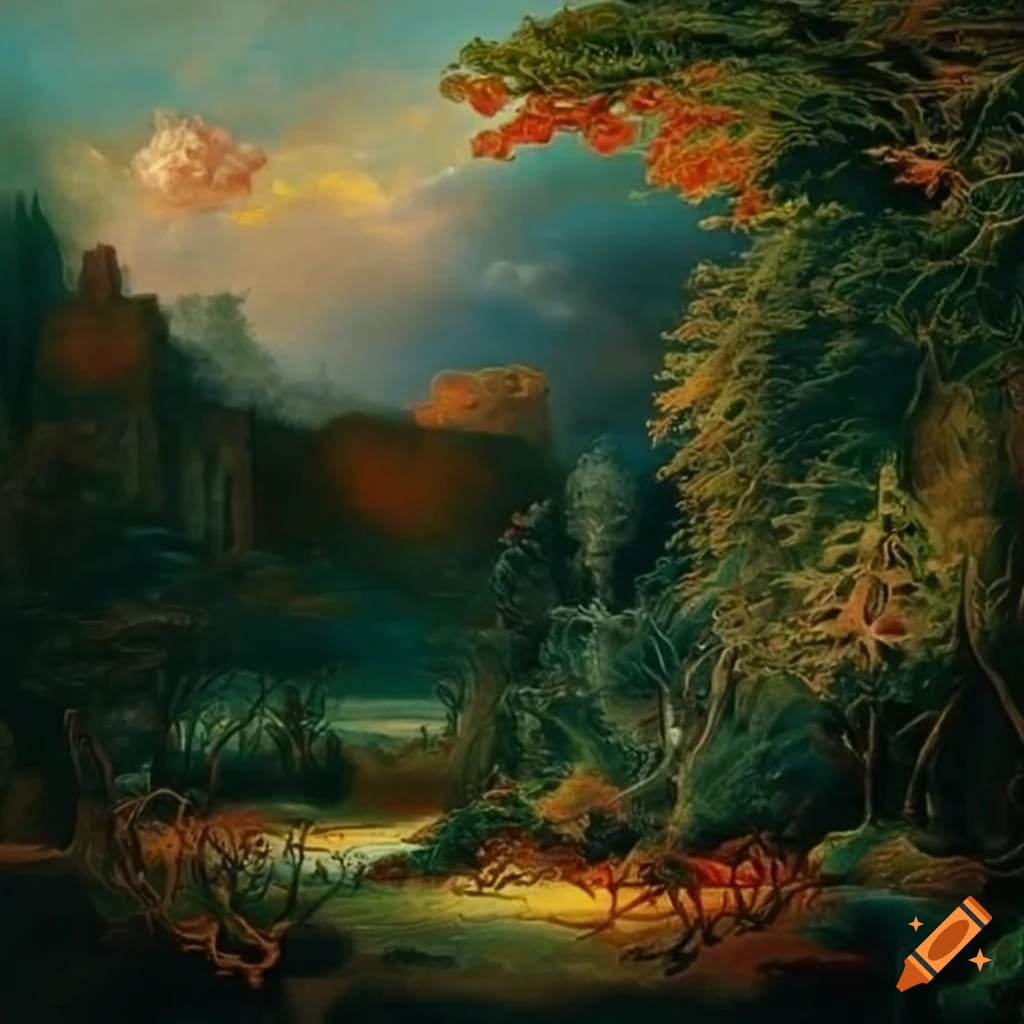 Oil painting of a colorful non-existing landscape