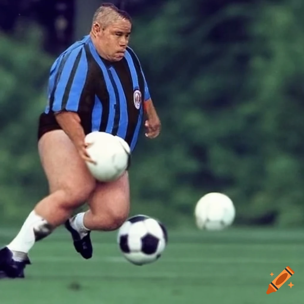 Humorous image of a chubby man playing soccer