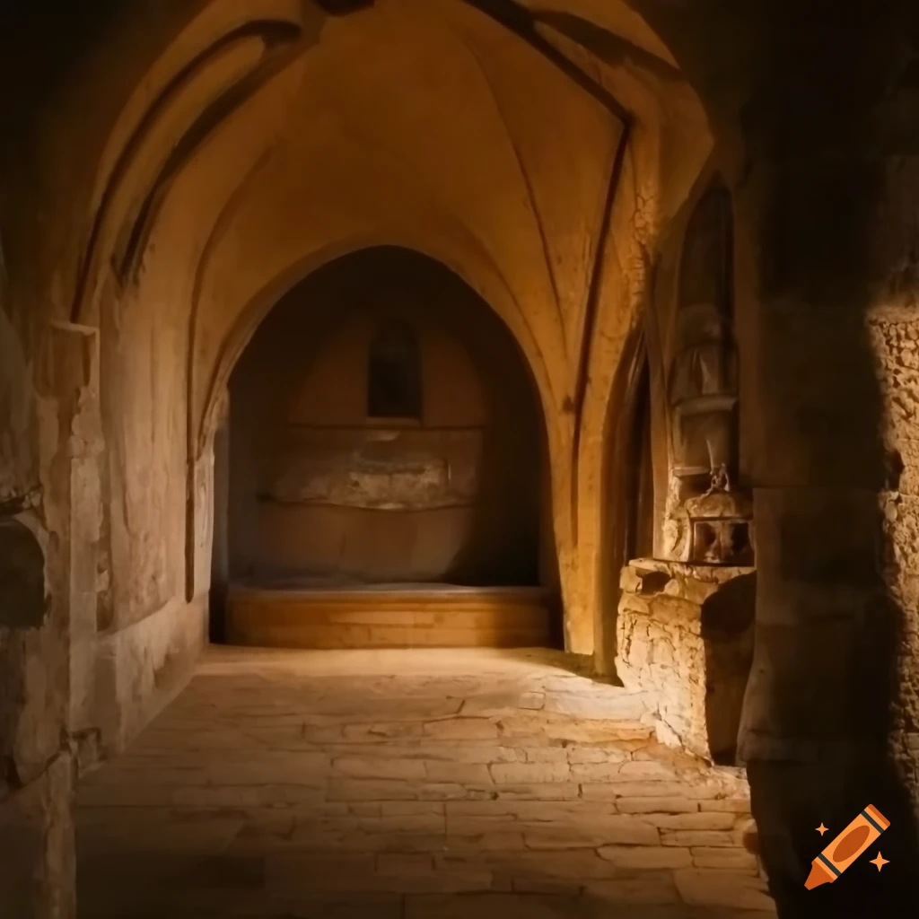 Interior of a small romanesque stone church on Craiyon