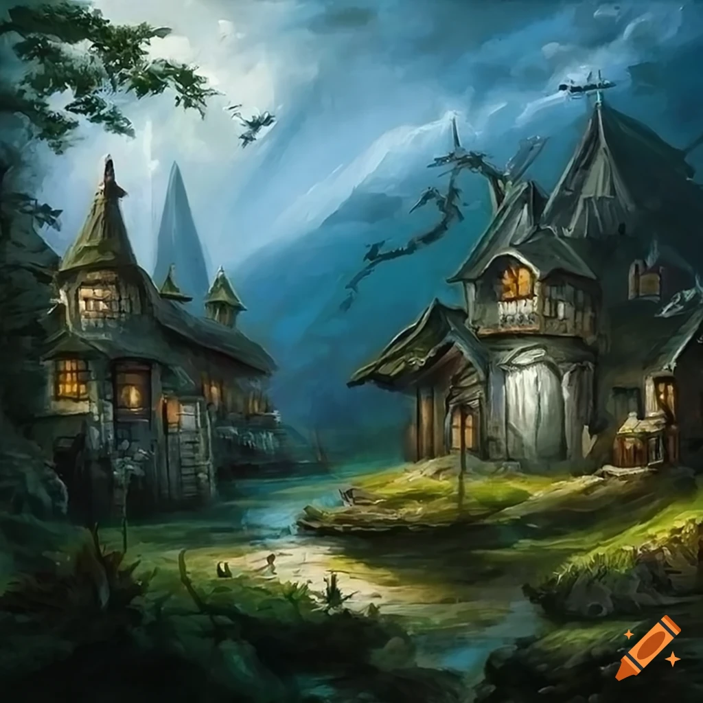 Woodblock print of rivendell, an elegant elven city in the forest on ...