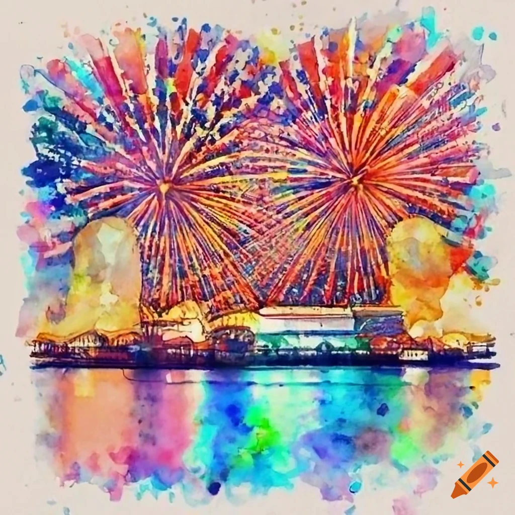 Watercolor illustration of fireworks at yokohama port on Craiyon