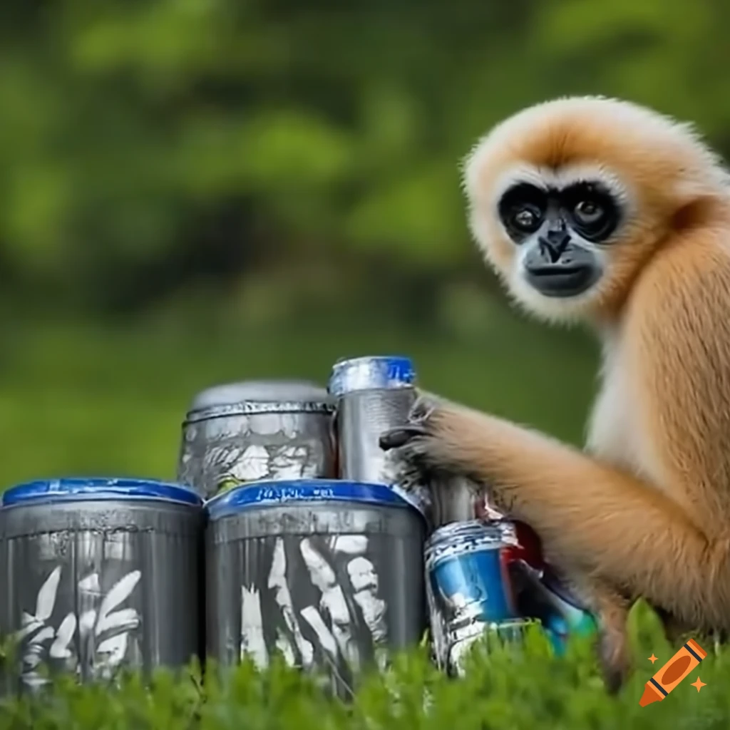 Funny gibbon surrounded by beer cans in a backyard on Craiyon
