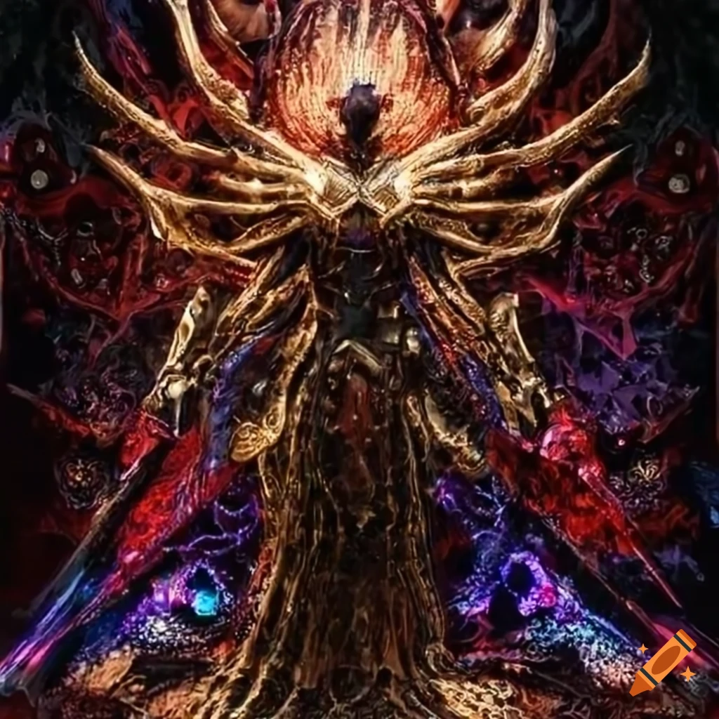 Image of a chaos god in black and gold armor on Craiyon