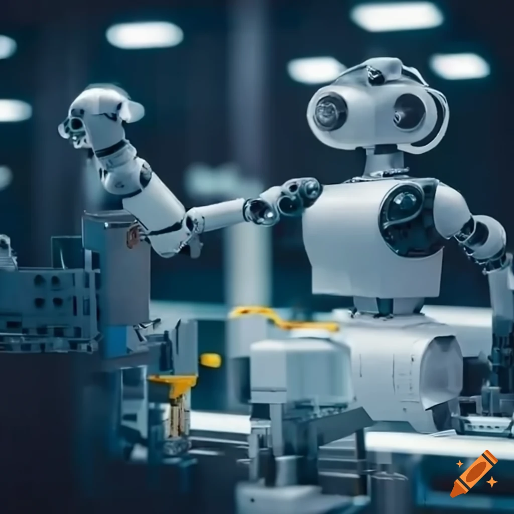 Robots working in a factory on Craiyon