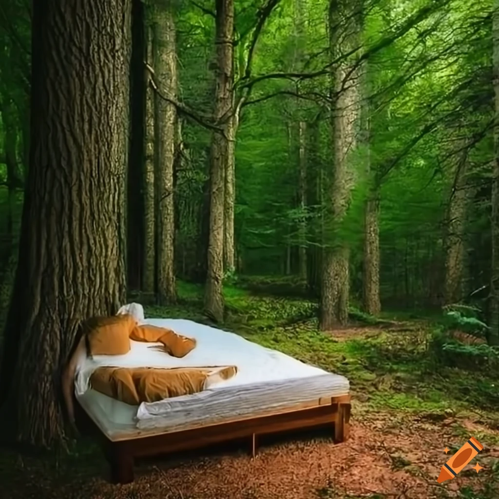 Serene forest bedroom with a cozy bed on Craiyon